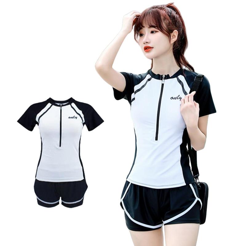 [LrisIuza Echo] 水着 レディース フィットネス水着 女子 半袖 水陸両用 大きいサイズ パンツ プール 2点セット タンキニ セパレート 体型カバー ハイウエスト 長袖ラッシュガード パット付き UV【多機能水着セット】この...