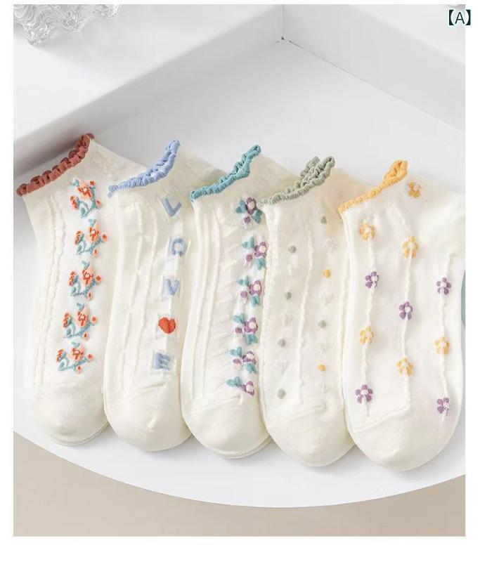 新しい 靴下の 女性の 夏の 薄い タイプの ソックスの 日本の 百 合の 浅い 口の 花卉の 少女の レースの諸及び 船の 靴下の 卸売り生地名: ポリエステル綿骨なし縫製: いいえ: ミシンの縫い目機能: 汗を吸収するパターン: ソリッ...