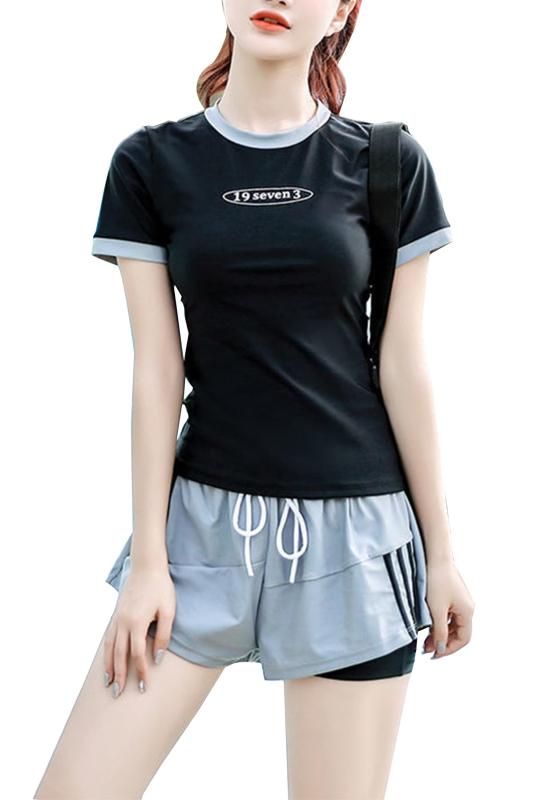 [Lalapala] 水着 レディース 体型カバー 2点セット タンキニ セパレート フィットネス 水着 水陸両用 速乾性 可愛い ショツ パット付き 上下セット スポーツ風 スイムウェア 競泳水着 練習用 着【セット内容】2点セット：半袖...