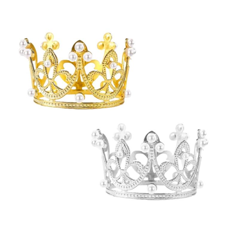 2個王冠 プリンセス ティアラ ミニ 小さなカップケーキクラウン 結婚式プリンセスパーティー誕生日 ーンパール ティアラ ケーキアクセサリー 装飾品【精巧なデザイン】：ケーキクラウンはレースとパールで装飾され、デザインが精巧で、女王の気品を...