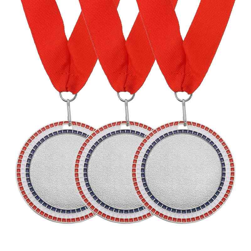 PATIKIL 3個 メダル 直径7cm 受賞メダル 2位受賞者 ダイヤモンド 赤いネックリボン付き ゲーム 大会 サッカー ボール スポーツ 会社 イベント 記念 優勝 景品 小道具 表彰用 シルバーカラー：シルバー；素材：亜鉛合金；メダ...