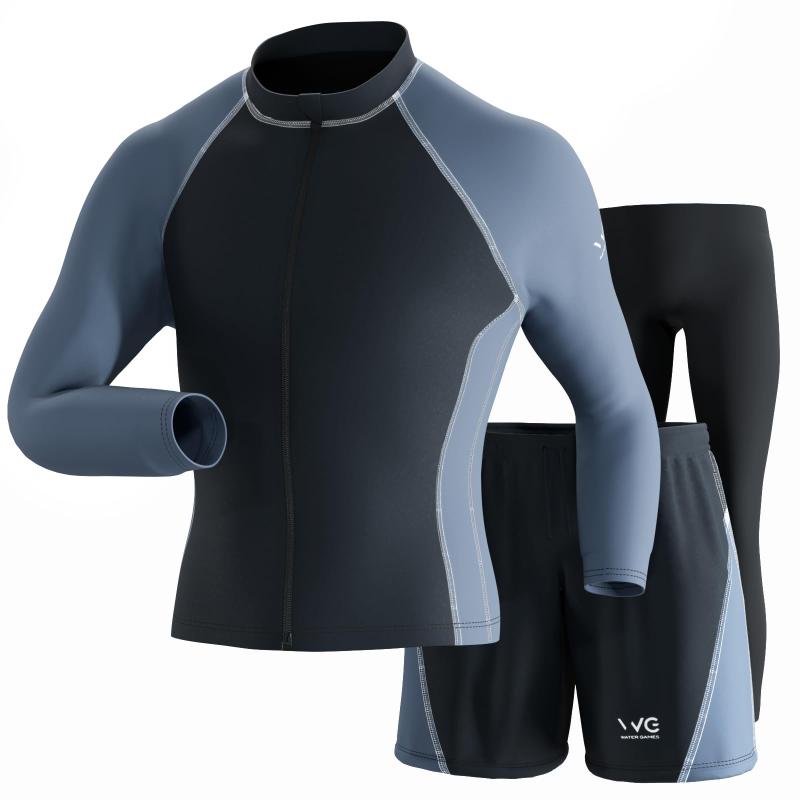 [WATER GAMES] ラッシュガード メンズ3点セット【UVカット機能 UPF50+・接触冷感・速乾機能・高伸縮素材】 長袖 フルジップ 体型カバー 水着対応 ラッシュガード 日焼け対策ウェア 紫外線対策 水✅【セット内容&amp;着...