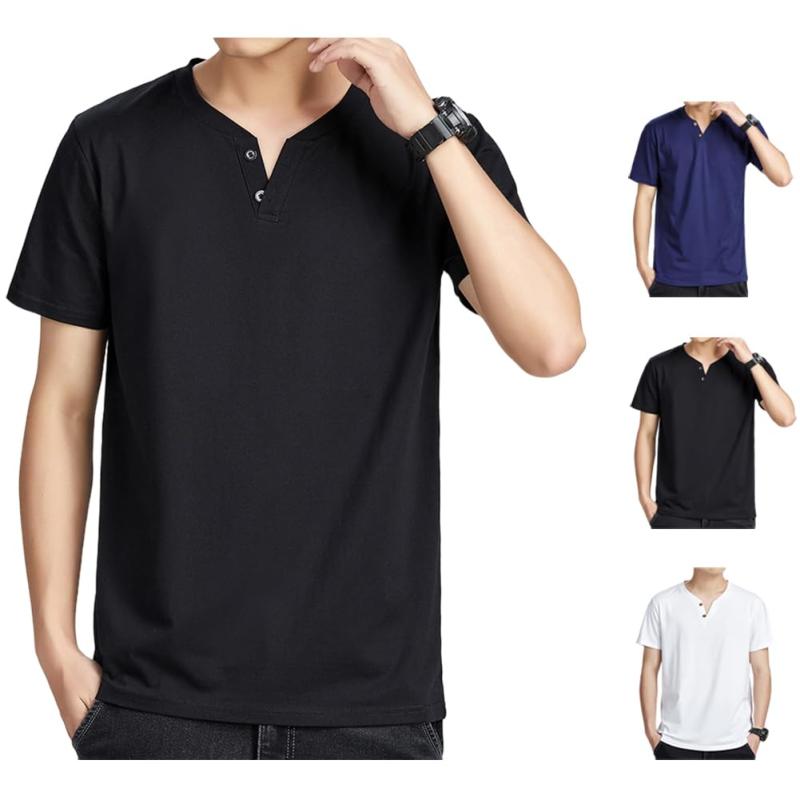 [AYISTELU] tシャツ メンズ 半袖 長袖 3枚組 綿100% ヘンリーネック 無地 カジュアル おしゃれ インナーシャツ ロングtシャツ メンズ 肌着 服 春 夏 秋 冬デザイン: シンプルなヘンリーネックスタイルで、2つのボタン...