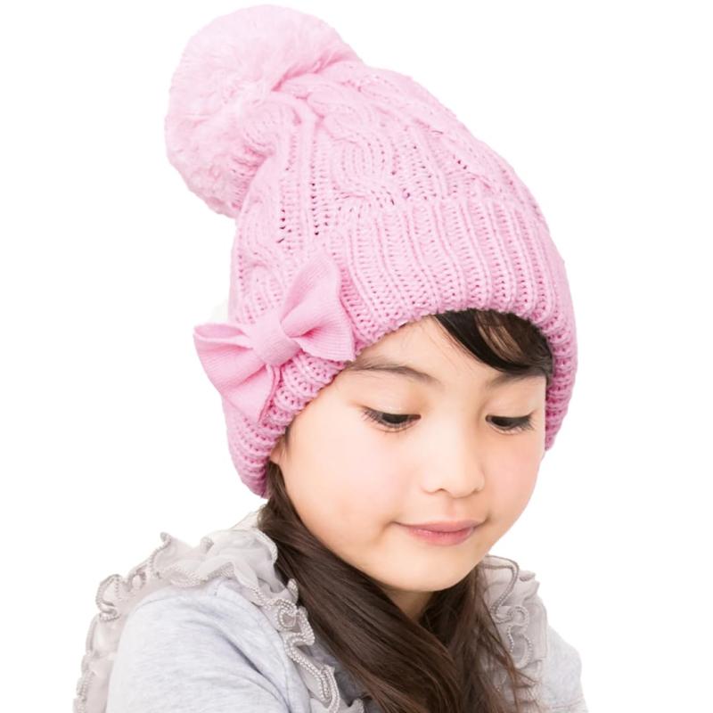 [アリサナ] ニット帽 キッズ ケーブルニット 子供用 女の子 リボン 防寒高さ(ボンボンふくむ)：約30cm　横(頭囲/平置き)：約16cmざっくりケーブル編みにはラメ糸がキラリG.ブラックはラメ糸なしの仕様ですニット帽のポイントになるポ...