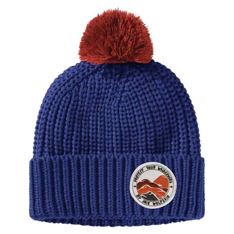 [ジャックウルフスキン] キッズ ニットキャップ (裏フリース) [ 1911751 / POMPOM BADGE BEANIE K ] 帽子キッズ商品リサイクル仕立てのローゲージニット2つ折りデザインキュートなポンポン140g(size M)