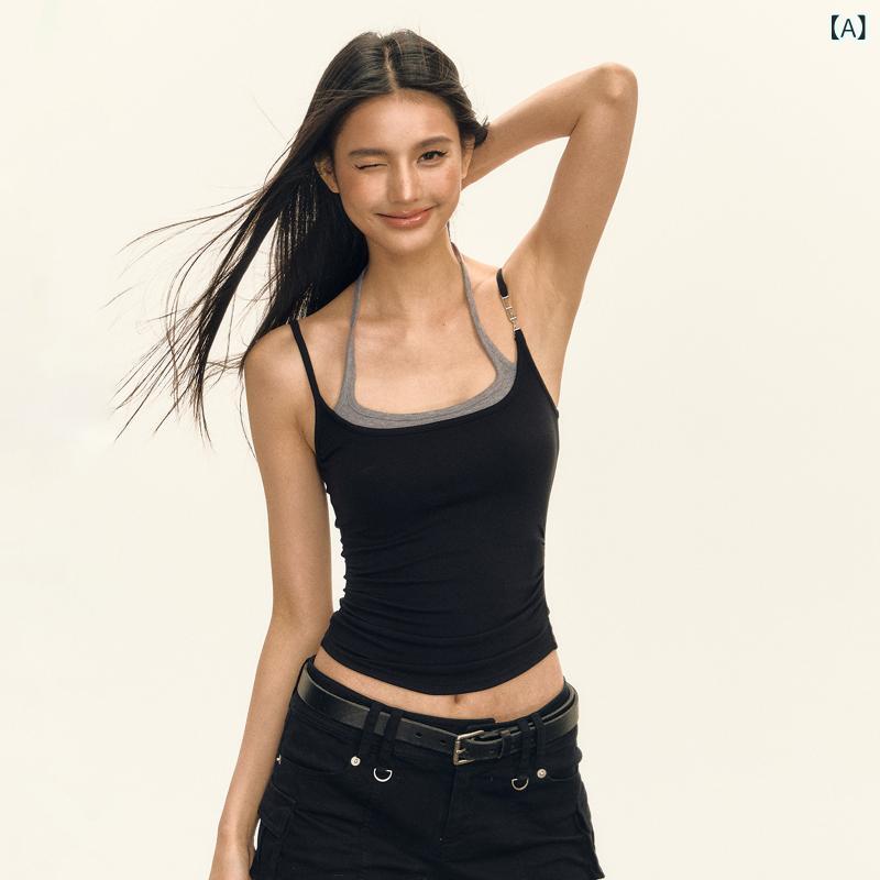 2024 夏の ひも ギャル 風 スト ラップ t シャツ 女性の 背の 高い 街の アメリカは 腰を 収めて 2つの 短い ベストを 作ります。生地名: レーヨン主な生地構成: 綿ブランド: その他製品カテゴリー: キャミソール出身地: ...