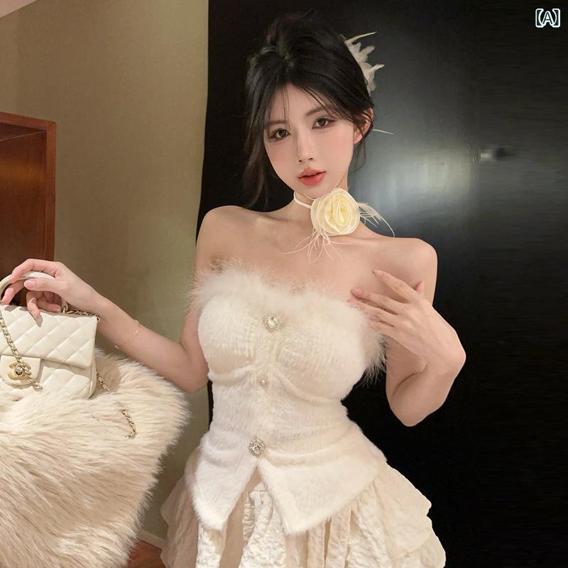 18 YX 5420 欧米 2025 年 越境 貿易 女性 用 ピュアで セクシーな スタイルの 毛皮の ような 胸元を 覆う トップスと リボン 付き ケーキ スカートの セット商品番号: D5420パターン: ソリッドカラースカート丈:...