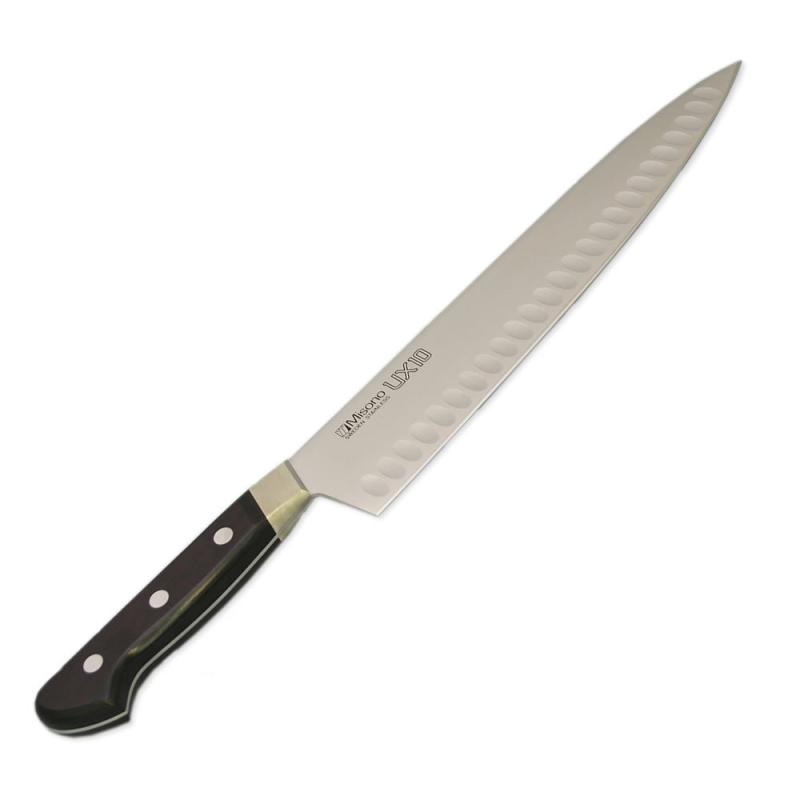 Misono(ミソノ) UX10シリーズ 牛刀サーモン No.763/24cmメーカー型番:763サイズ:刃渡り 24 全長 38cm背厚:2.3mm重量:245g材質:高純度ピュアステンレス特殊鋼 ハンドル:黒強化木原産国:日本