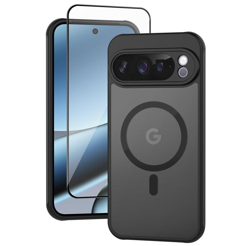 for Google Pixel 10 Pro XL携帯ケース 半透明 ［MagSafe互換］に適用し、ガラスフイルム付き（1枚) ワイヤレス充電をサポートし、防水、ダンパー、ストラップ穴、指紋防止、整理しやすく、黒機種の適合性と部品が豊富...