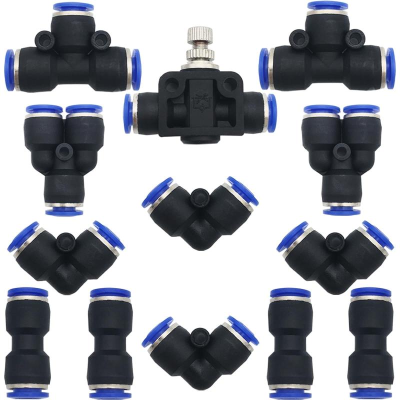 CESFONJER 空気圧継手キット, ワンタッチ 管継手, エア ホース ジョイント, PU/PE/ナイロンパイプに適しています（Y + T + L + Iタイプ+パイプスロットルバルブコンボ）