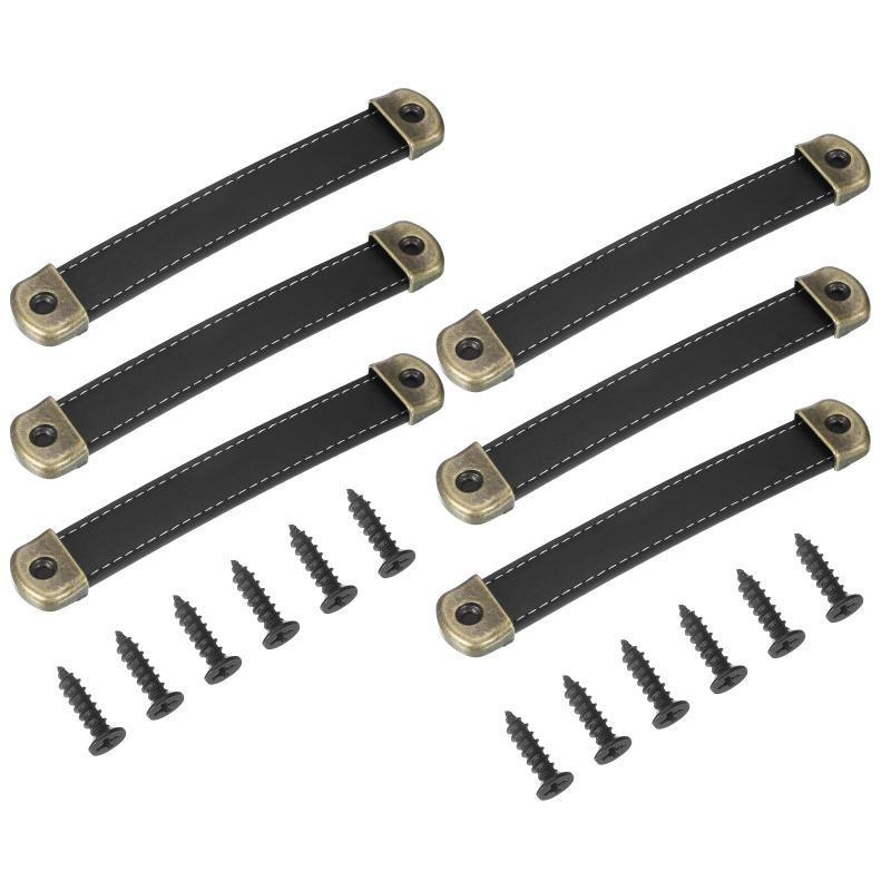 PATIKIL 鉄板付きの5.7インチレザードロワープル、6個のレザーストラップトランクハンドルキャビネットノブハードウェア交換用18mmネジ付き、ドレッサードアスーツケース荷物用、黒カラー：黒；全体サイズ：144 x 21 mm / 5....