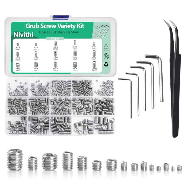 Nivithi 六角穴付止めネジ イモネジセット 内側六角グラブ 304ステンレス鋼六角穴付止めネジ イモネジセット