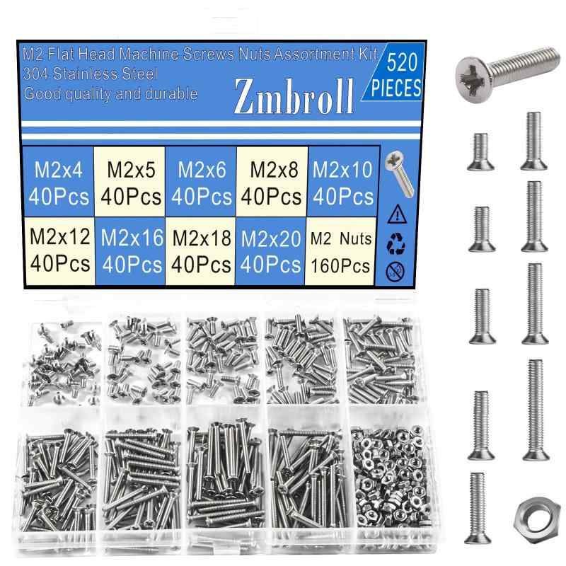 Zmbroll 520個 フラットヘッド M2 小ネジ 皿ねじ M2x4/5/6/8/10/12/16/18/20mm スチールねじ フルスレッド 小ネジ ファスナー ボルト ナット ラップトップ コンピューター スクリューキット