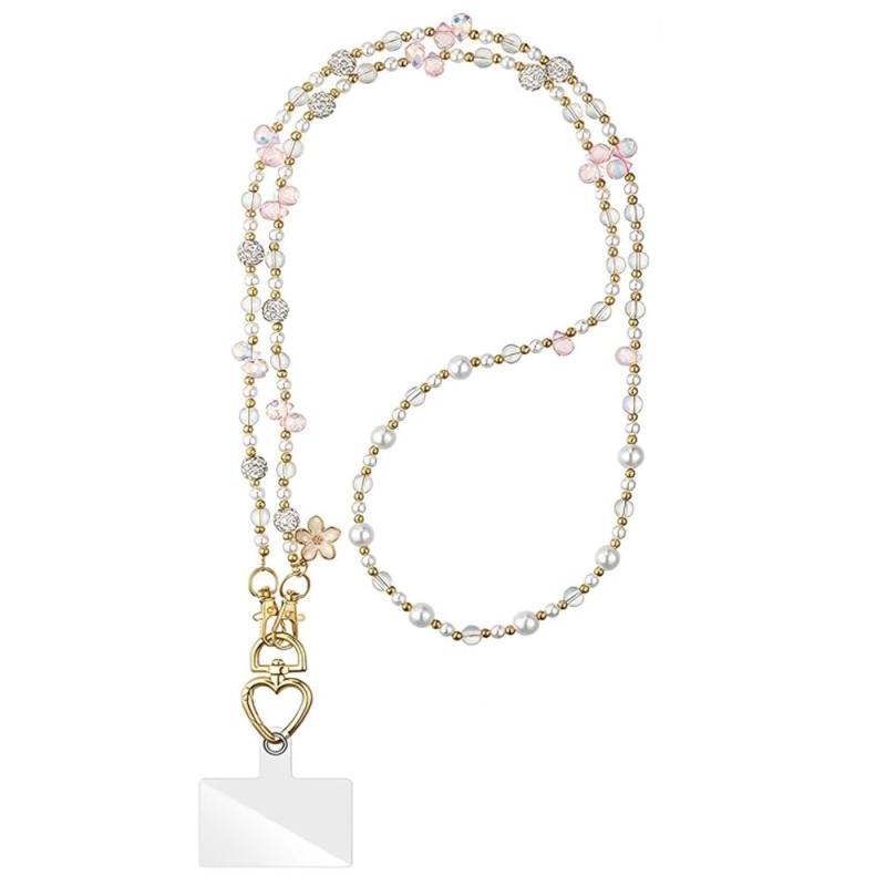 [QUANTALY] スマホストラップ ネック ショルダーベルト 花柄 パールストラップ 首掛け 肩掛け 斜めがけ 着脱簡単 全機種対応 耐久性 軽量 携帯 落下防止 忘れ物防止 携帯ストラップ【華やかなデザイン】人工パールとクリスタルビー...