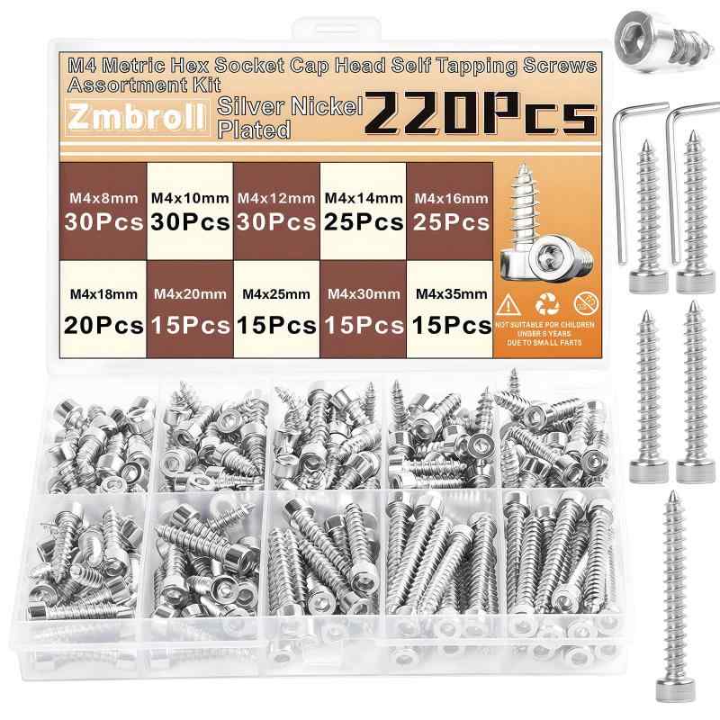 Zmbroll 六角穴付きヘッドキャップ セルフタッピングねじ M4x8/10/12/14/16/18/20/25/30/35mm グレード 8.8 シルバーニッケルメッキ 220個 M4六角穴付きドライブ六角穴付き六角穴付き板金木ネジ レ...