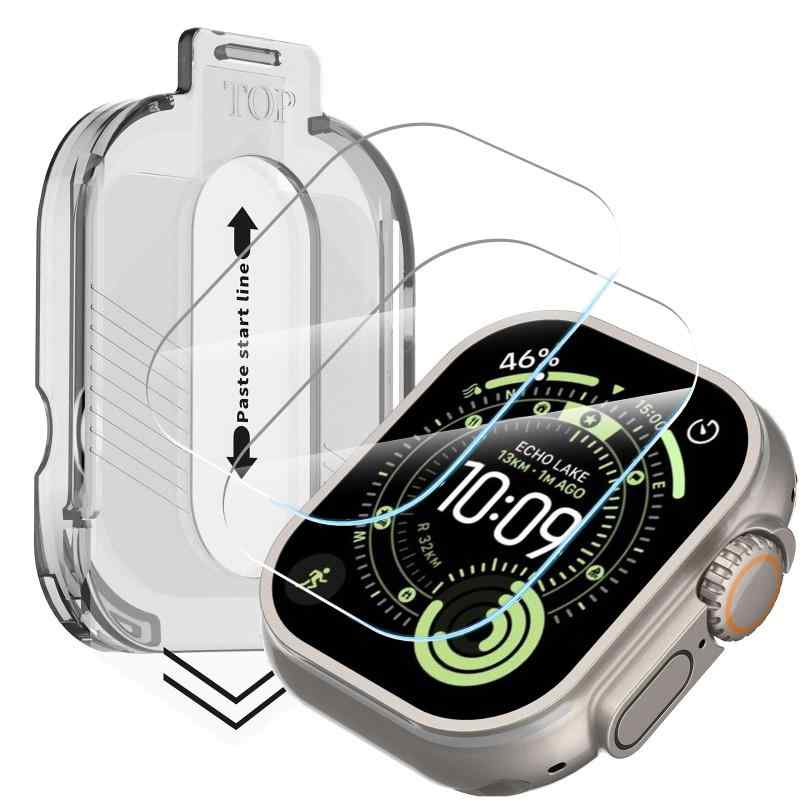 Manlyee Apple Watch Ultra 3 / Ultra 2 / Ultra 49mm 対応 ガラスフィルム 簡単貼り付け ガイド枠付き 9H硬度強化ガラス 保護フィルム 2枚入り面倒な位置合わせや気泡取りは一切不要ガイド枠に...