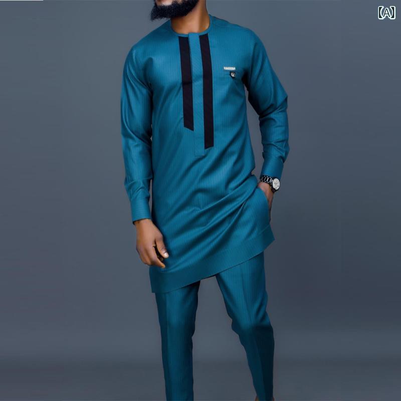 2023 アフリカ 民族 風 男性 カジュアル スーツ 2 点 セット 長袖 純 色 ステッチ シャツと ズボン セット供給カテゴリー: スポットスタイル: SIMPLE厚さ: 普通の商品番号: 8540456パンツ丈: ズボントップスタイ...