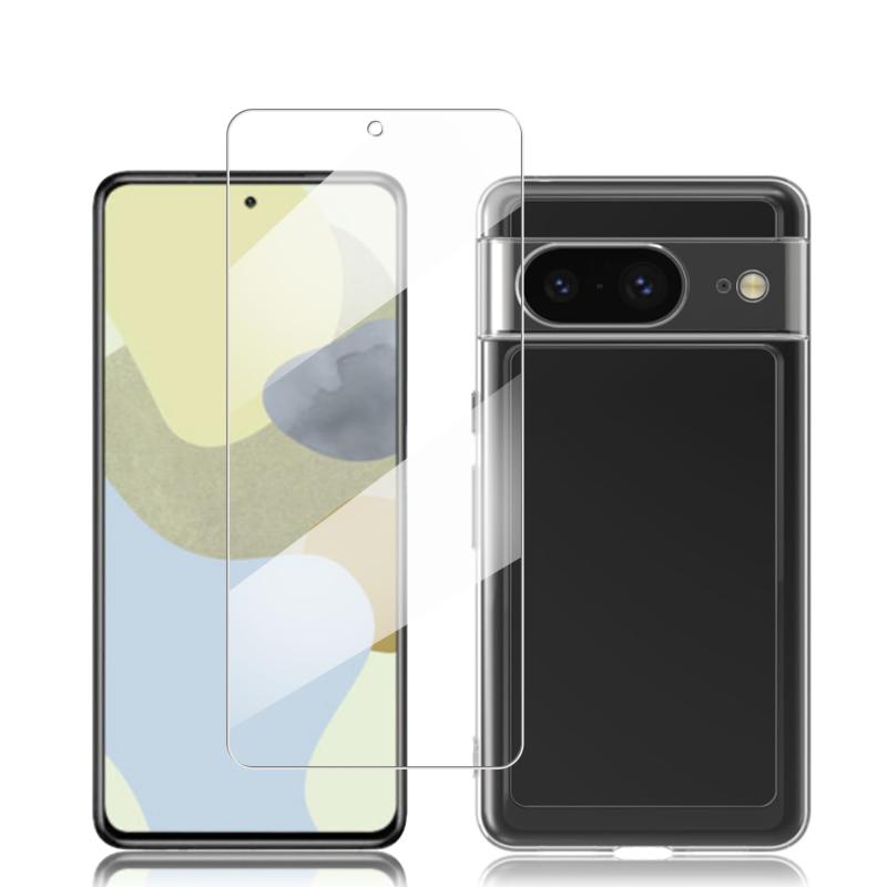 Koucfum 対応 Google Pixel 8 用の ガラスフィルム+クリア ケース 透明 ソフト Google Pixel 8 用保護フィルム 1枚【旭硝子素材製】 硬度9H 高透過率 飛散防止 自动吸着 Google Pixel 8...
