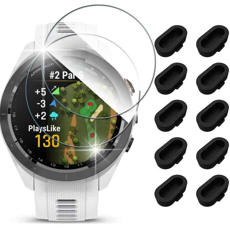 Miimall 対応Garmin（ガーミン）Approach S70 42mm【2枚ガラスフイルム+10点黒防塵プラグ セット】 9H 硬度 2.5D 加工 耐指紋 撥油性 高透過率 電器ポート Approach S70チャージャーポート ...