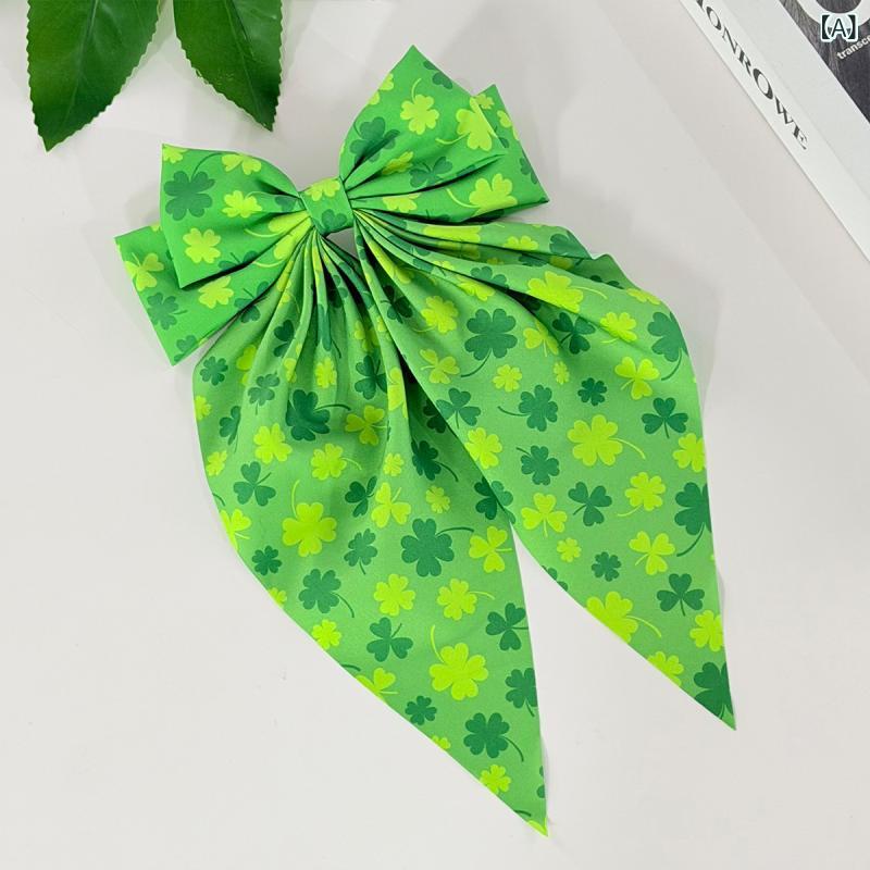 国境を 越えて 人気の 緑の クローバーリボンヘアクリップ、 ロング リボン 付き スプリング クリップ、 聖 パトリック デーの 装飾 ヘア アクセサリー材料: 生地商品番号: PTHJ05ブランド: なしスタイル: 聖パトリックの日のヘ...