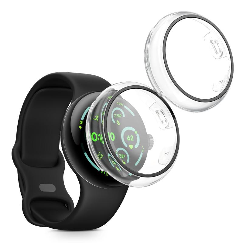 kwmobile 2x ケース Google Pixel Watch 3 45mm対応 カバー - フルボディ ガラス 耐衝撃 超薄型 透明/黒色ぴったり: Google Pixel Watch 3 45mm対応日常での保護: 透明 / 黒...
