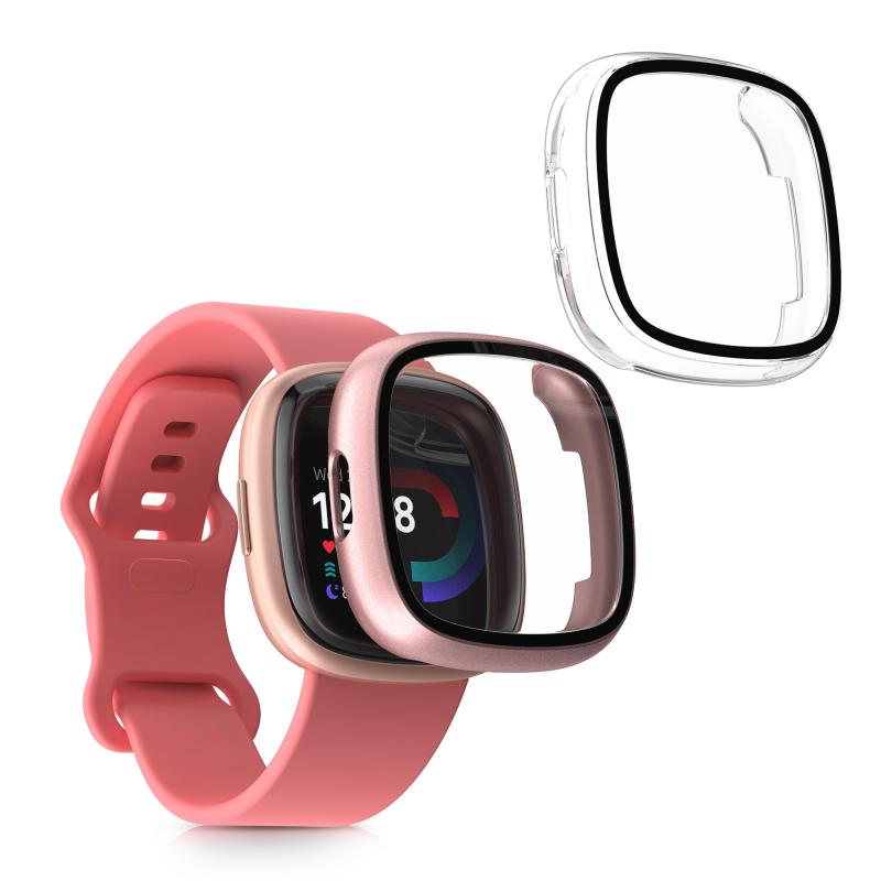 kwmobile 2x ケース Fitbit Versa 4 / Sense 2対応 カバー - フルボディ ガラス 耐衝撃 超薄型 透明/黒色ぴったり: Fitbit Versa 4 / Sense 2対応日常での保護: 透明 / 黒色の...