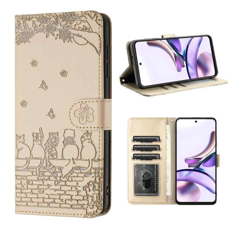 Motorola Moto G13 手帳型ケース カバー おしゃれ 全面保護 上質PUレザー かわいい猫と美しい桜柄 人気 カード収納 マグネット式 スタンド機能 6.5インチ グレーピンク