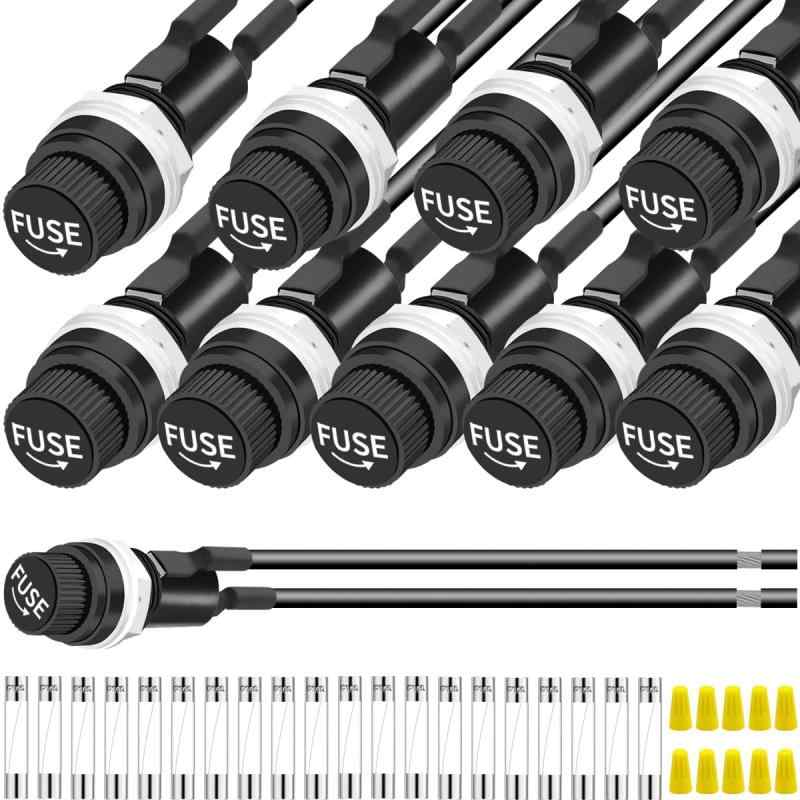 MKBKLLJY 8 個のパネルマウントヒューズホルダー 5x20mm 12V DC 250V AC 防水 耐候性 スクリューキャップヒューズホルダー はんだ付け済みワイヤ付き 120MM/4.72 インチ 20AWG 16 個の 10A/...