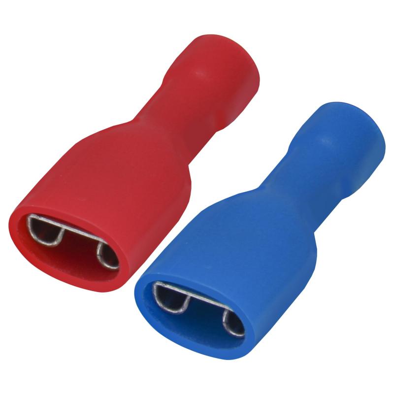 Heschen メス クイックディスコネクトビニール 完全絶縁 6.3 x 0.8 mm ケーブルターミナル 0.5~1.5mm² (22~16AWG) レッド + 1.5~2.5mm² (16~14AWG) ブルー 100個パックNEMA...