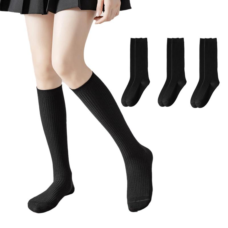 [LOVHU JIMA] スクールソックス 3足組 黒 白 ハイソックス 女の子 通学用 ソックス 中学生 綿 靴下 消臭 学生 はいそつくす 小学生 スクール【サイズ・セット】フリーサイズ　；セット　；ブラック　膝下3足組【美脚・足長効果...
