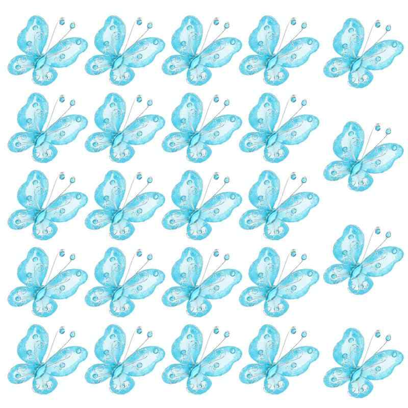 PATIKIL クラフト用24個 蝶々 2.2" メッシュワイヤーグリッターバタフライ 蝶々 DIYクラフトホームデコレーション衣類ウェディングデコレーション ライトブルー素材：メッシュ生地、アクリルジェム、金属ワイヤー；カラー：...