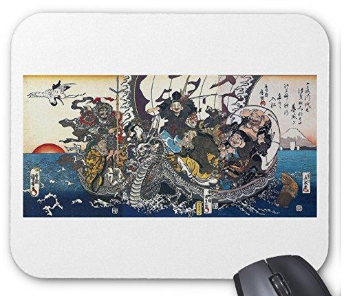 歌川国芳・渓斎英泉・歌川国貞『 七福神を載せた宝船 』のマウスパッド：フォトパッド（ 浮世絵シリーズ ） (B：白地)マウスパッドの大きさは、小さ過ぎず大き過ぎない、ちょうどよい大きさ（幅232mm、縦196mm、厚さ3mm）です。角は丸み...