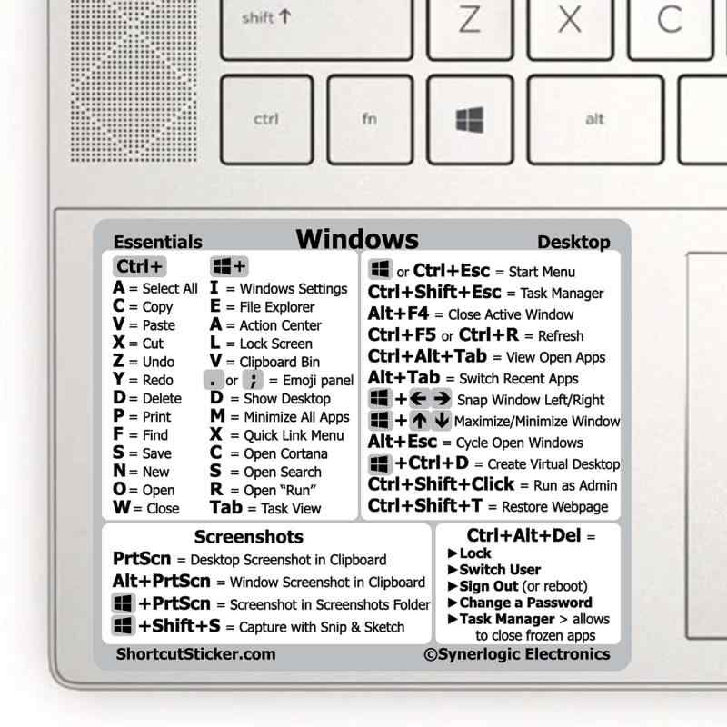 SYNERLOGIC Windows PC Reference Keyboard Shortcut Vinyl Sticker, No-Residue Adhesive, for any PC Laptop or Desktop SM: 3...