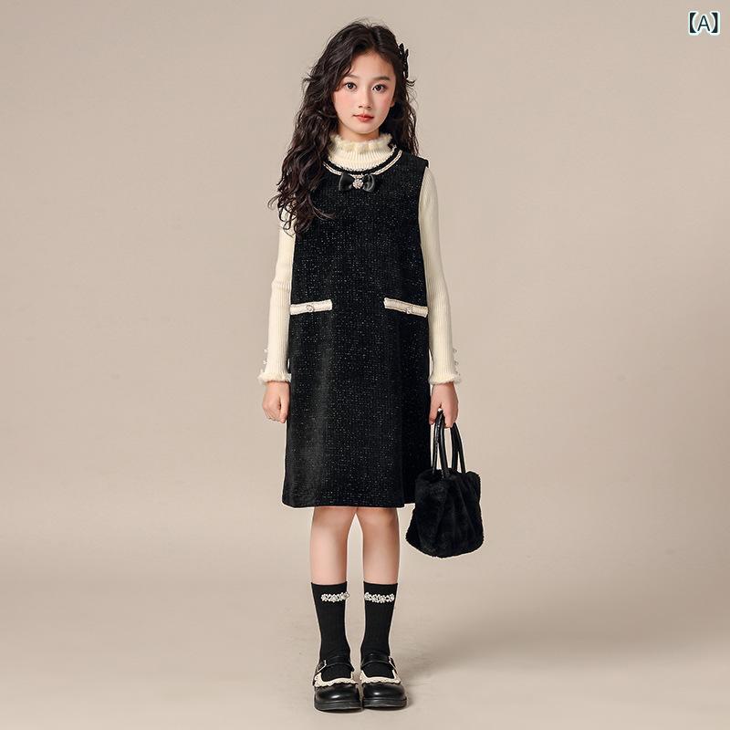 女の子 用 高級 スーツ ドレス、 新作 トップス、 ハイネック 冬 服、 子供 用 裏 起毛 黒 ベスト ドレス、 小香 風スタイル: 小香峰,長袖生地名: ポリエステル繊維スカートカテゴリー: ドレスセキュリティレベル: カテゴリーB主...