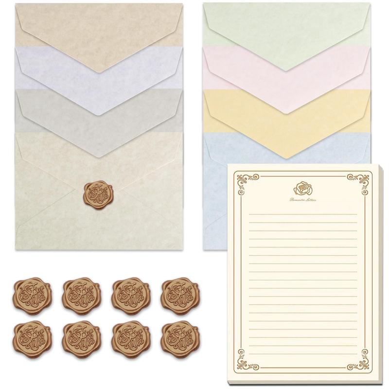 Sitengle レターセット おしゃれ 大人 シンプル 封筒8枚+便箋16枚+シール8枚 封筒 8色 便箋 手紙 クラフト用紙 アンティーク調 箔押し お洒落 招待状 挨拶状 結婚式 お祝い手紙 お礼状用【たくさん書ける大容量】封筒8枚（...