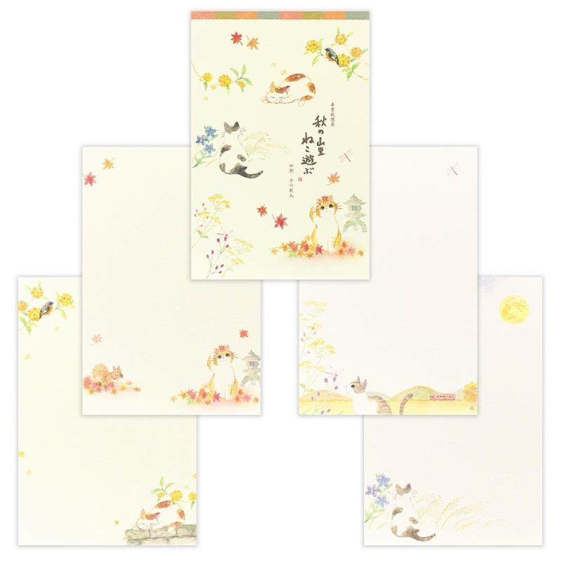 エヌビ 社 便箋 ねころぶ 秋里 4 柄 アソート 16 枚 入 a 5 相当 罫線 無し 和紙 奉書 紙