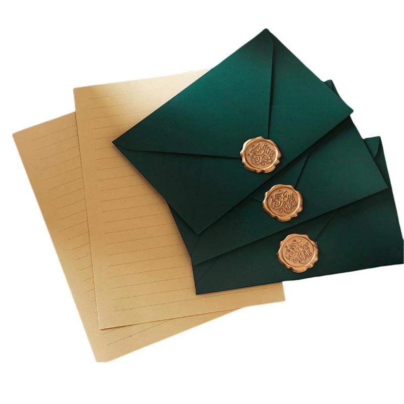 Makuki レターセット 手紙セット 封筒3枚 便箋10枚 シール3枚 ヴィンテージ風手紙セット ダークグリーンレトロな雰囲気と上品な装飾で、ヴィンテージ感を演出した封筒と便箋です。