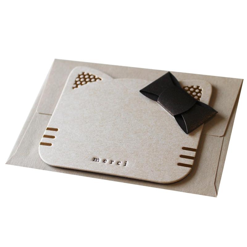 BAY LETTERPRESS メッセージカード ミニ 猫型 封筒 リボン セット merci ネコ型 サンキューカード 71×84mm【商　品】メッセージカード【用　途】サンキューカード、メッセージカード、手紙【印　刷】活版印刷、箔押し【...