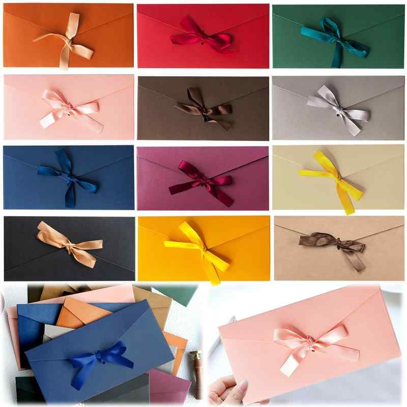 AAGWW 封筒 リボン付き 洋封筒 可愛い メッセージカード レトロ 三つ折り 厚紙 無地 大容量 お祝い挨拶 恋人 結婚式 招待 誕生日