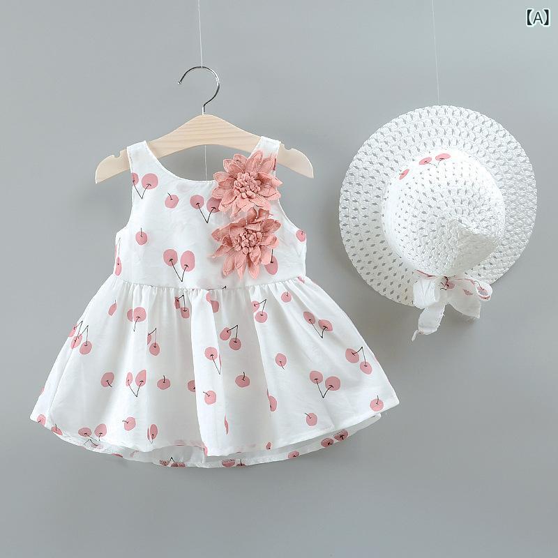 2022 年 夏の 新しい 子供 服の ワンピースの 女の子の 韓国 版の 女の子の 赤ちゃんの 2つの 花の プリントの スカートは 帽子を 持ちます。スタイル: 韓国版生地名: 化学繊維系混紡スカートカテゴリ: サスペンダースカート/ベ...
