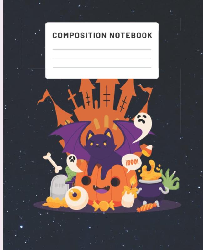 Composition Notebook: Wide Notebook | Cartoon Halloween Night Sky Background | Blank wide notebook for girls, boys, chil...