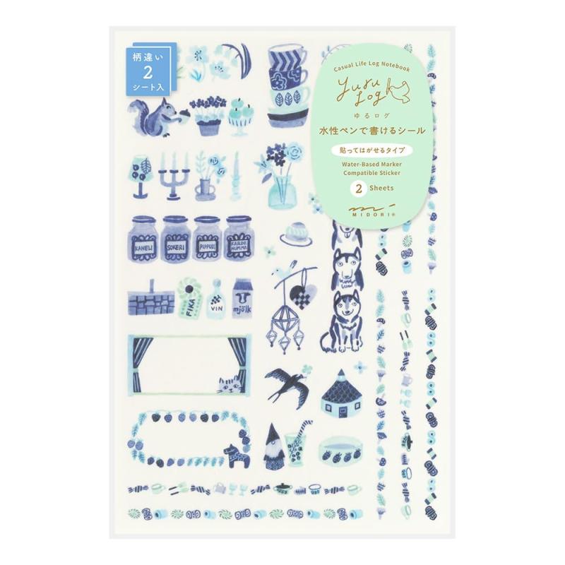 ミドリ シール ゆるログ 2枚入 青い北欧柄 82703006ゆるく楽しく日々の記録を彩るシール表面の特殊加工により水性ペンで文字を書き込むことができます。青1色ではなく同系色で少し色の幅を持たせています。【パッケージサイズ】H176×W1...