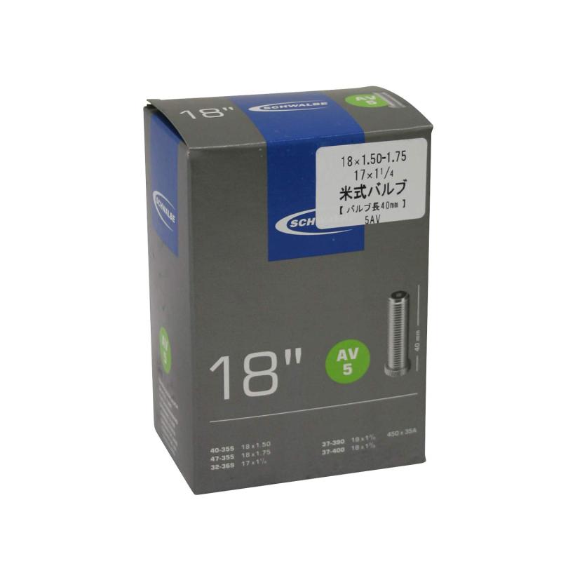 SCHWALBE(シュワルベ) 【正規品】18×1.50/1.75,17× 1 1/4用チューブ 米式 40mmバルブ 5AV対応サイズ:18×1.50/1.75,17× 1 1/4品番:5AVバルブ形状:米式バルブ長:40mm重量:95 ...
