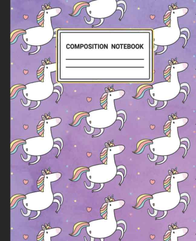 Unicorn Composition Notebook: Flying Unicorn In The Night Sky Stars Love Pattern Wide Ruled Primary Note Book For Elemen...