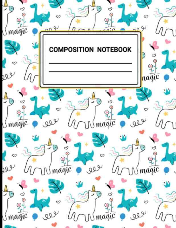 Unicorn Dinosaur Composition Notebook: Lovely Baby Dinosaur Unicorn Leaf Butterfly Wide Ruled Paper Lined Composition No...