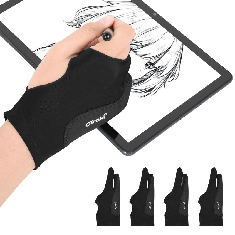 OTraki 製図用手袋 4枚入 三重厚手 8x20.5cm 二本指グローブ 誤作動防止 ペングローブ タブレット 防汚 手汗防止 お絵描き 手袋 ライクラ繊維 通気性 弾力性 ipad 手袋 イラスト用手袋 左利き 右利【4枚セット・三重...