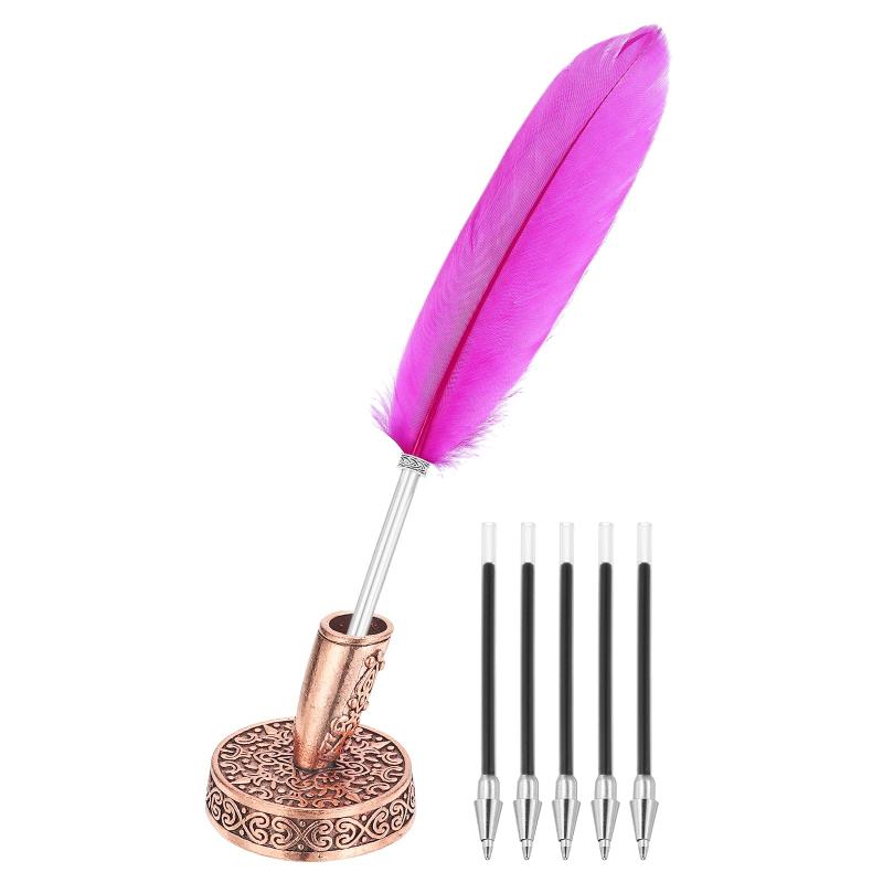 PATIKIL ローズレッドフェザーボールペン卸売り メタルホルダー 黒インク ヴィンテージクイルライティングペン 5本のリフィル付き オフィス ウェディング署名 レッドブロンズ仕様: ペンホルダー: シルバー; ベースカラー: レッドブロ...