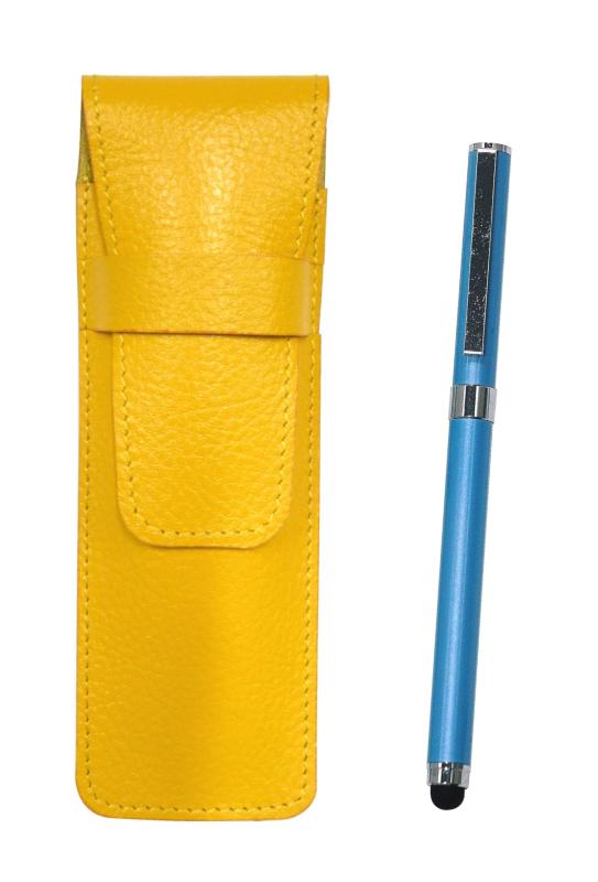 2個パック 黄色シボ革ペンケース スマホタッチ・メタルキャップ式ボールペンエクストラセット 青 SASY-QSJW700-L-22セット入り日本製のシボ牛革ペンケースとスマホタッチ機能付キャップ式ボールペン（青軸）のセットペンケース 材質：...
