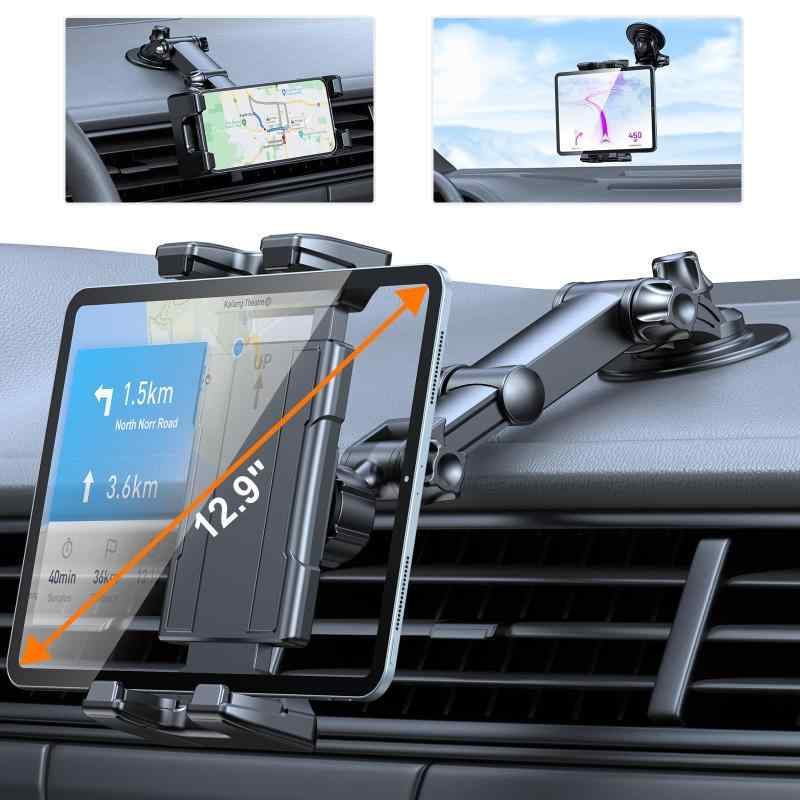 OHLPRO 車載タブレットホルダー ipad 車載ホルダー 強力粘着テープ式 吸盤不要 伸縮アーム 5-13インチ対応 ipadスタンド スマホ/タブレット対応 宅/オフィス/ダッシュボード取り付け 車内防振設【安心の粘着式設計】車載タブ...