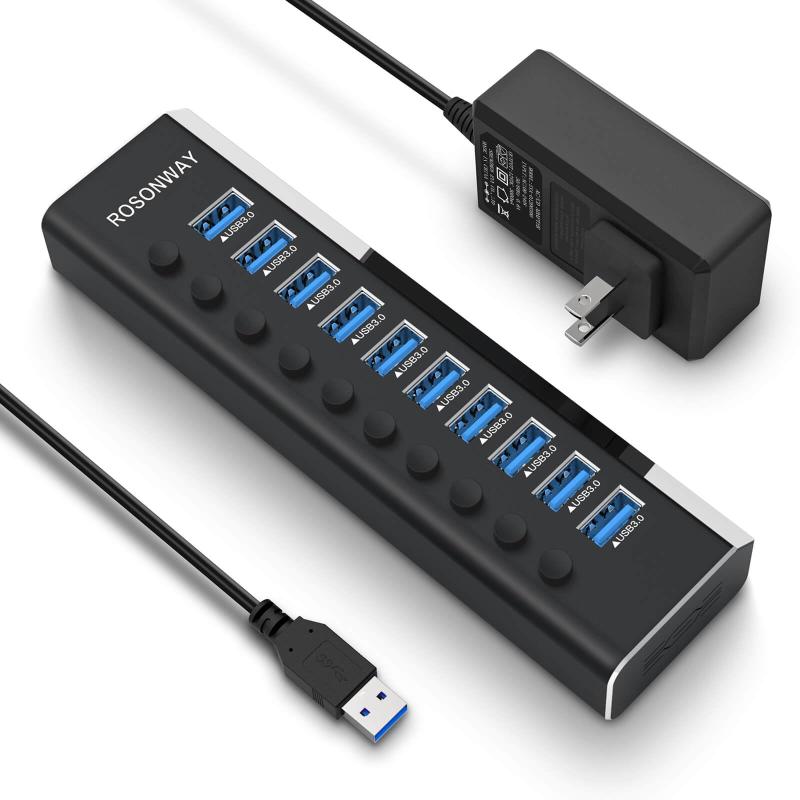 USB3.0ハブ 電源付き ROSONWAY 10ポート USBハブ アルミ製で アップ 5Gbps高速転送 セルフパワー USB拡張 独立スイッチ付 12V/3A ACアダプタ付き(RSH-A10)【USBポート10個増設】複数のHDD外...